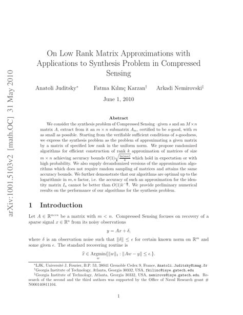 Pdf On Low Rank Matrix Approximations With Applications To Synthesis