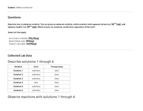 Aleks Lab 3 Solubility And Qualitative Analysis Results Studocu