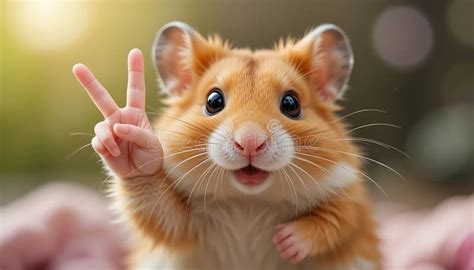 Cute Hamster Showing Peace Sign With Small Human Hand Gesture Stock Illustration Illustration