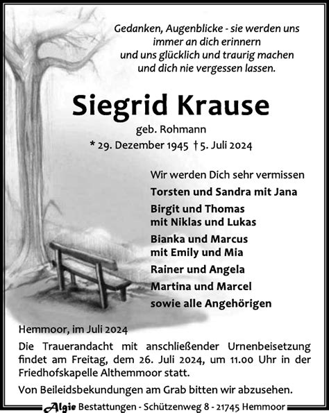 Siegrid Krause Traueranzeige Niederelbe Zeitung