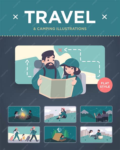 Conjunto De Ilustrações De Acampamento E Turismo De Viagem Estilo De Desenho Animado Colorido