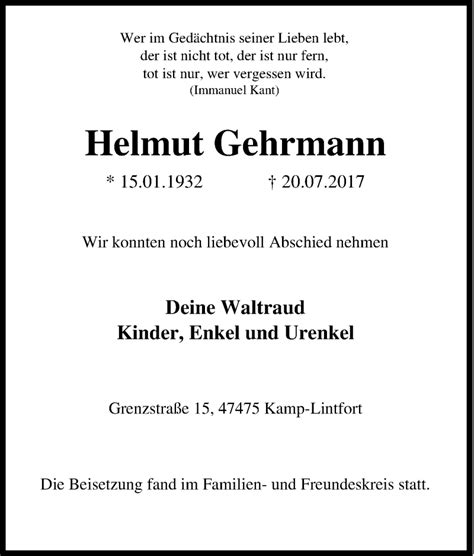 Traueranzeigen Von Helmut Gehrmann Trauer In Nrw De