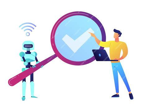 Premium Vector Robot With Magnifier And Programmer With Laptop Vector