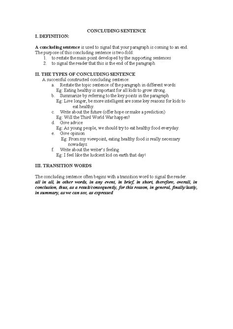 Concluding Sentence Concluding Sentence I Definition A Concluding