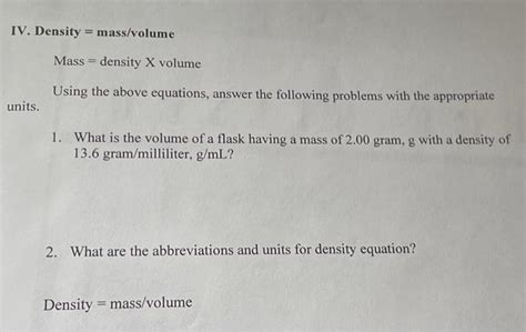 Solved V Density Mass Volume Mass Density X Volume Chegg Com