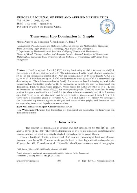 pdf transversal hop domination in graphs