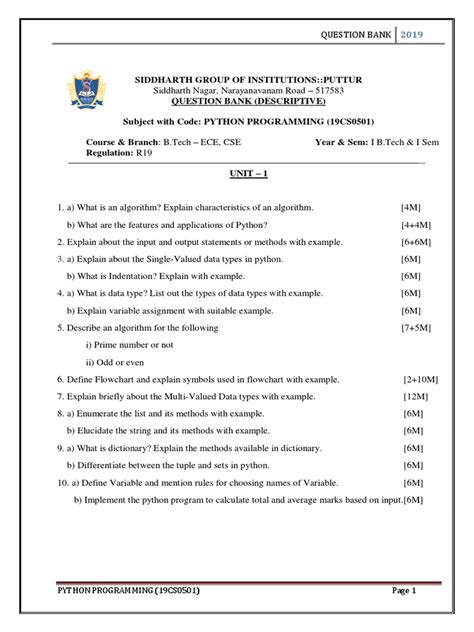 19cs0501 Python Programming Pdf Method Computer Programming