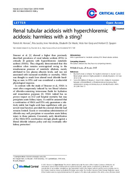 Pdf Renal Tubular Acidosis With Hyperchloremic Acidosis Harmless