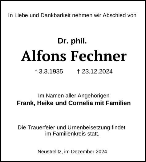 Traueranzeigen Von Alfons Fechner Trauer Nordkurier