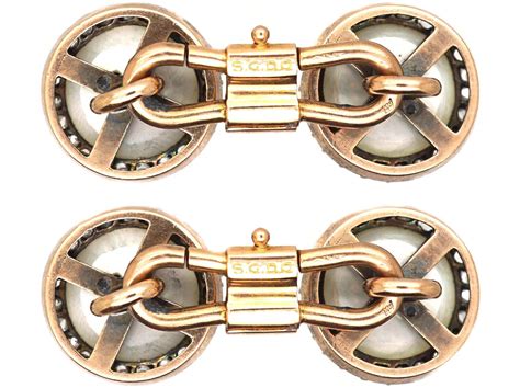 French Early 20th Century 18ct Gold And Platinum Button Cufflinks Set With Diamonds And Mother Of