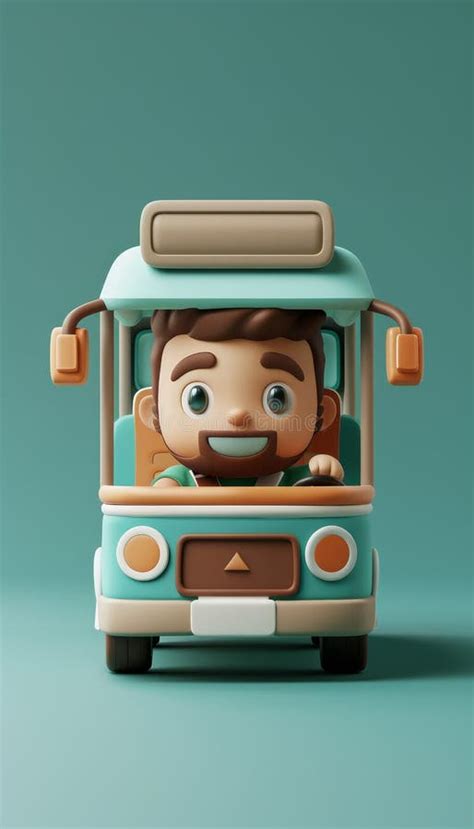 Cheerful Cartoon Illustration Of A Bearded Man Driving A Blue Mini Bus Against A Teal Background