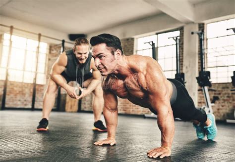 Push Up Fitness And Man Or Personal Trainer In Gym Support Motivation