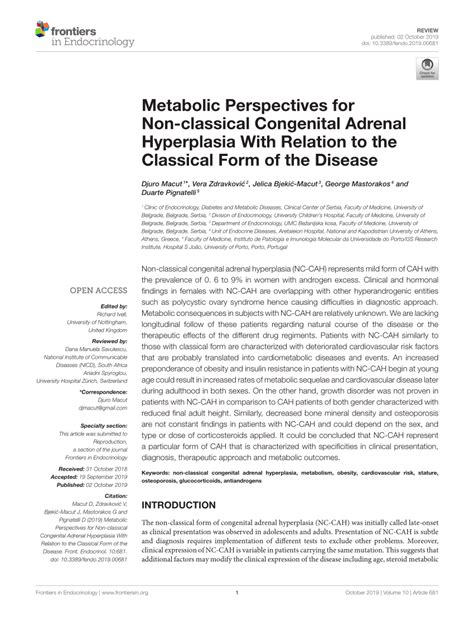Pdf Metabolic Perspectives For Non Classical Congenital Adrenal