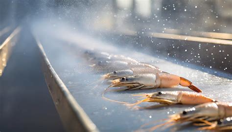Shrimp On Production Line Go Through The Freezing Process Preparations In Food Industry Stock
