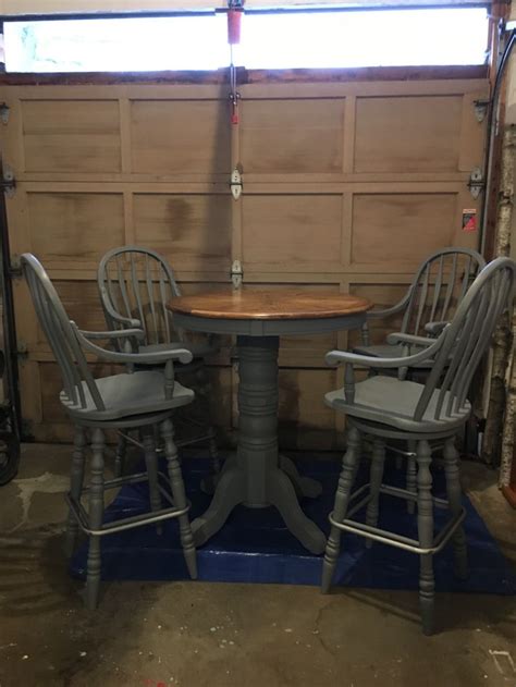 Solid Oak Pub Table And 4 Swivel Chairs In Magnetic Gray By Behr