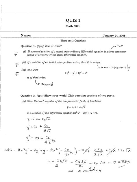 Sample Questions With Solutions For Exam 1 Engineering Mathematics Math 3321 Docsity