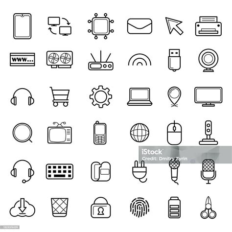 세트 추상 낙서 요소 손으로 그린 컬렉션 기술 스케치 벡터 디자인 스타일 배경 스마트 폰 Cpu 키보드 모니터 신호 헤드폰 Usb 일러스트 아이콘 Brand Name