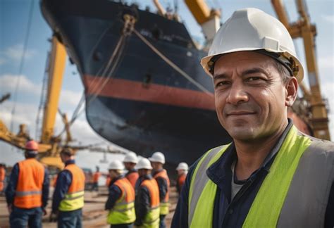 Premium Photo Shipyard Workers In Safety Gear Inspecting A Large