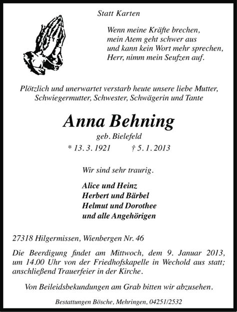 Traueranzeigen Von Anna Behning Trauer Anzeigende
