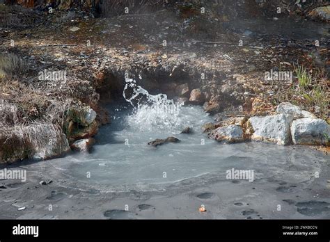 Volcanic Fumaroles With Holes Between The Rocks Issuing Gases And Very Hot Boiling Water Island