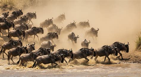 The Great Migration Wildebeest River Crossing Stock Illustration