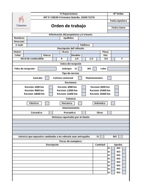 Orden De Trabajo Pdf Bienes Manufacturados Tecnologías Automotrices