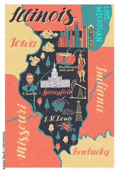Illustrated Map Of Illinois Travel And Attractions Stock Vector