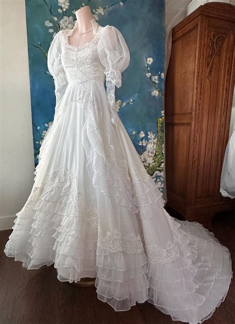 70s Chiffon Wedding Dress Gunne Sax Style Tiered Ruffle Bishop Sleeve