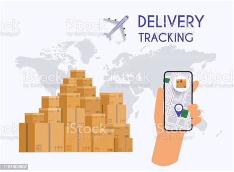 앱 배달 추적을 통해 휴대폰 스마트폰을 들고 있는 핸드폰 응용 프로그램에 벡터 현대 평면 창조적 인 정보 그래픽 디자인 감시에 대한 스톡 벡터 아트 및 기타 이미지 Istock
