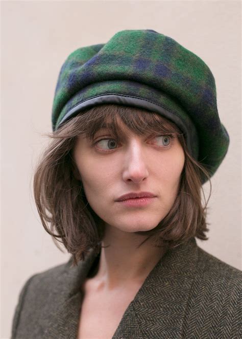 Green Plaid Beret Vintage Winter Brimmed Cloche Hat Parisian Chic
