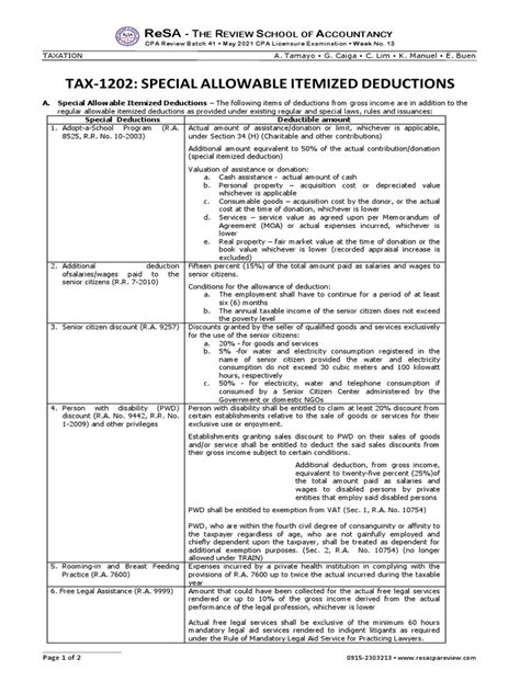 Tax 1202 Special Allowable Itemized Deductions T R S A Pdf Tax Deduction Gross Income