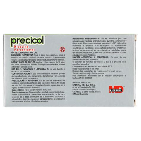 Precicol 10mg500mg Con 20 Tabletas Hioscinaparacetamol — Wecare Pharma