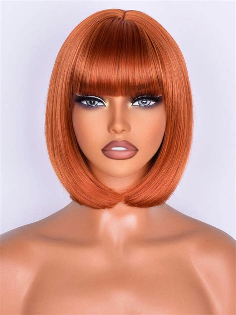 Mathilta 10 Inch Straight Bob Wig With Bangs Synthetic Short Ginger Wig Natural