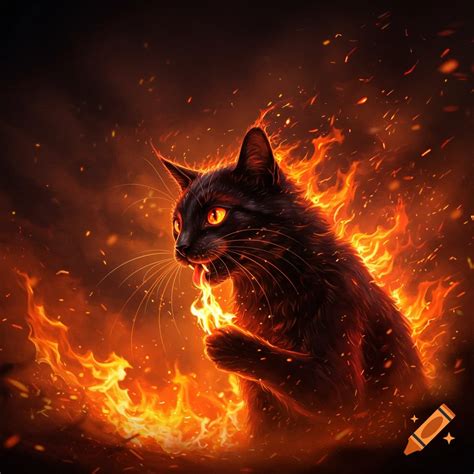 A Black Cat Stands Upright Playing A Fiery Electric Guitar Amidst