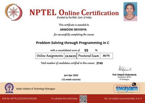 Nptel Cprogramming Problemsolving Coding Certificate Srividya