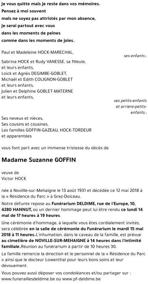 Avis De Décès De Suzanne Goffin Décédé Le 12 05 2018 à Grez Doiceau