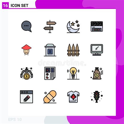 User Interface Pack Of 16 Basic Flat Color Filled Lines Of China Film Flap Mode Clapperboard