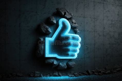 Light Blue Neon Electric Thumb Up Symbol On The Black Wall Stock