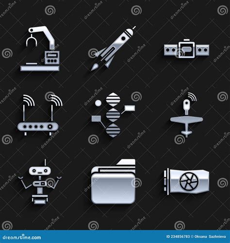Set Dna Symbol Document Folder Video Graphic Card Uav Drone Robot Router And Wi Fi Signal