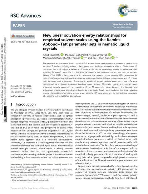 Pdf New Linear Solvation Energy Relationships For Empirical Solvent
