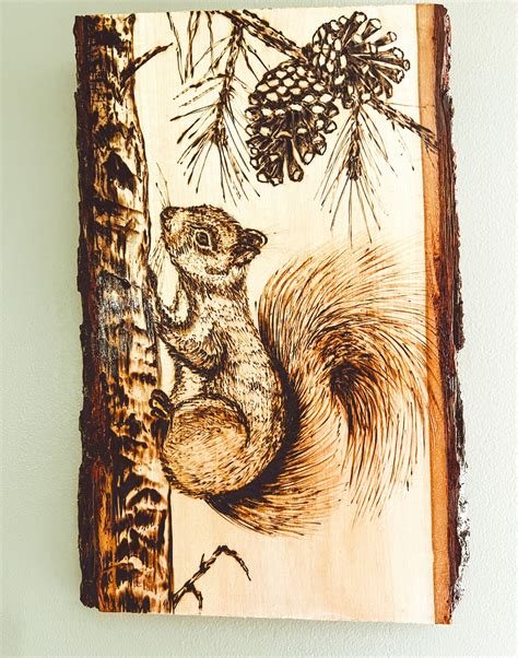 Handmade Wood Burning Art Rustic Squirrel Pyrography On Basswood Etsy