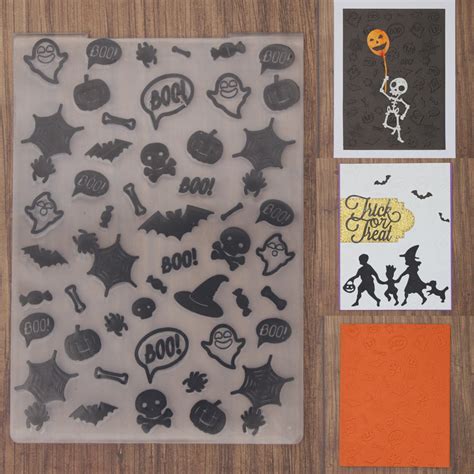 Halloween Boo Embossing Folder W Ghosts Skulls Bats Spiders Webs Cand