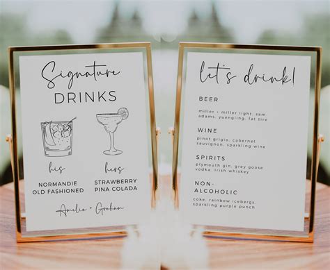 Signature Drink And Bar Menu Sign Wedding Signature Cocktails His And Hers Drinks Minimalist