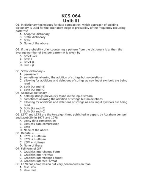 Mcq Kcs 064 Data Compression Kcs 064 Unit Iii Q1 In Dictionary