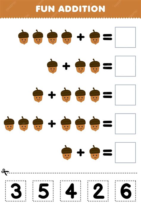 귀여운 만화 도토리 인쇄 가능한 자연 워크시트에 대한 올바른 숫자를 자르고 일치시켜 아이들을 위한 재미있는 교육 게임 추가 프리미엄 벡터