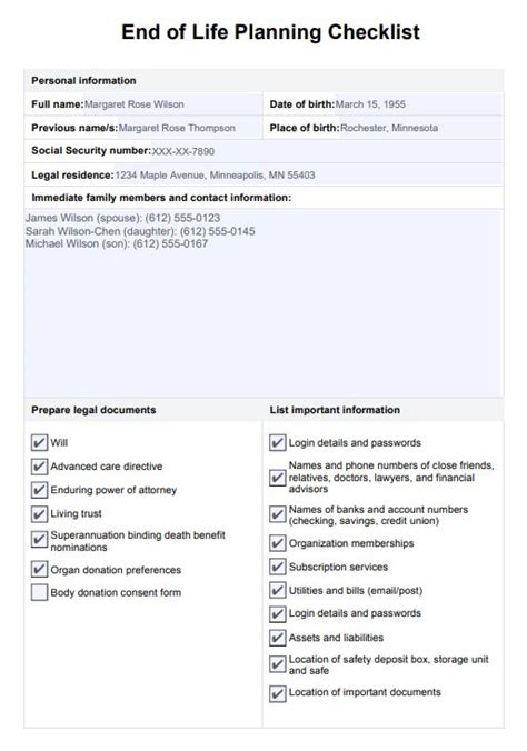 End Of Life Planning Checklist And Example Free Pdf Download