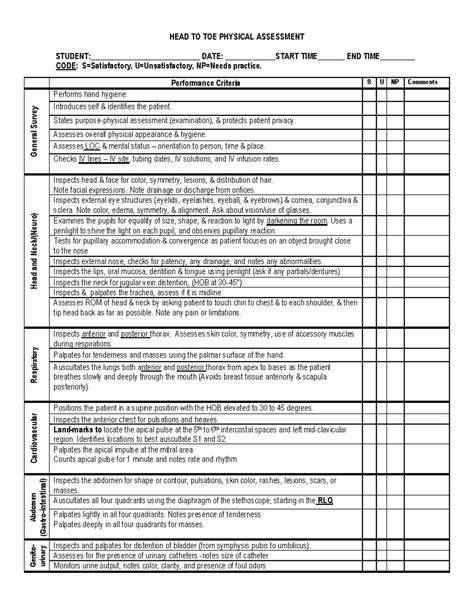 Nur 101 Physical Assessment Form Head To Toe Physical Assessment