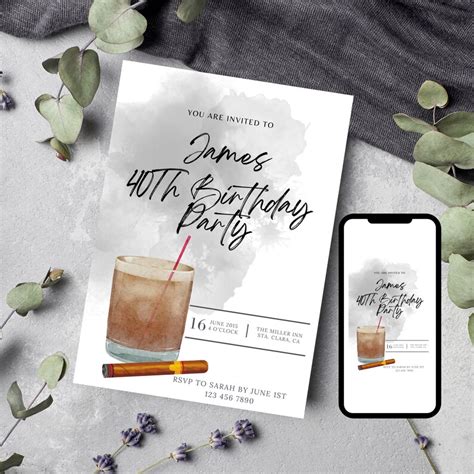 Adult Whiskey And Cigar Birthday Invitation Editable Any Age Etsy