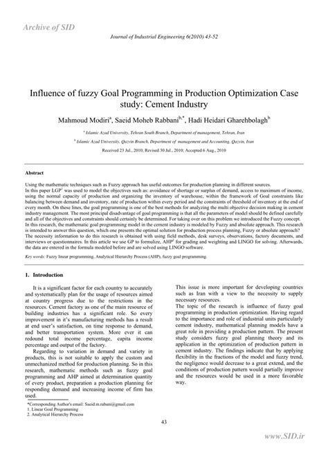 Pdf Influence Of Fuzzy Goal Programming In Production Optimization