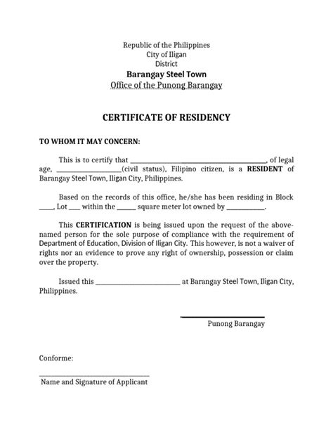Certificate Of Residency Pdf